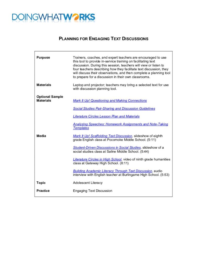 Planning for Engaging Text Discussions – Oregon Instructional Frameworks