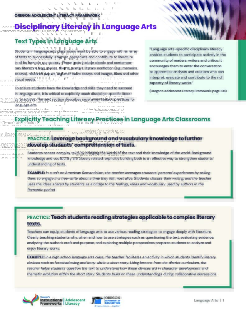 Literacy Spotlight: Disciplinary Literacy in Language Arts – Oregon Instructional Frameworks